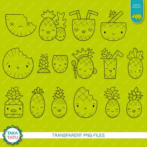 Kawaii Pineapple Clipart - Printable Line Art Pineapples With Faces ...