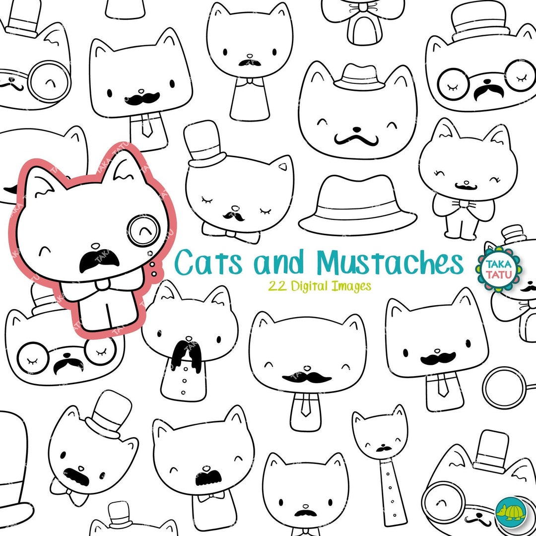 Cats and Mustaches Clipart - Cute Cat Black and White Printable Digital ...