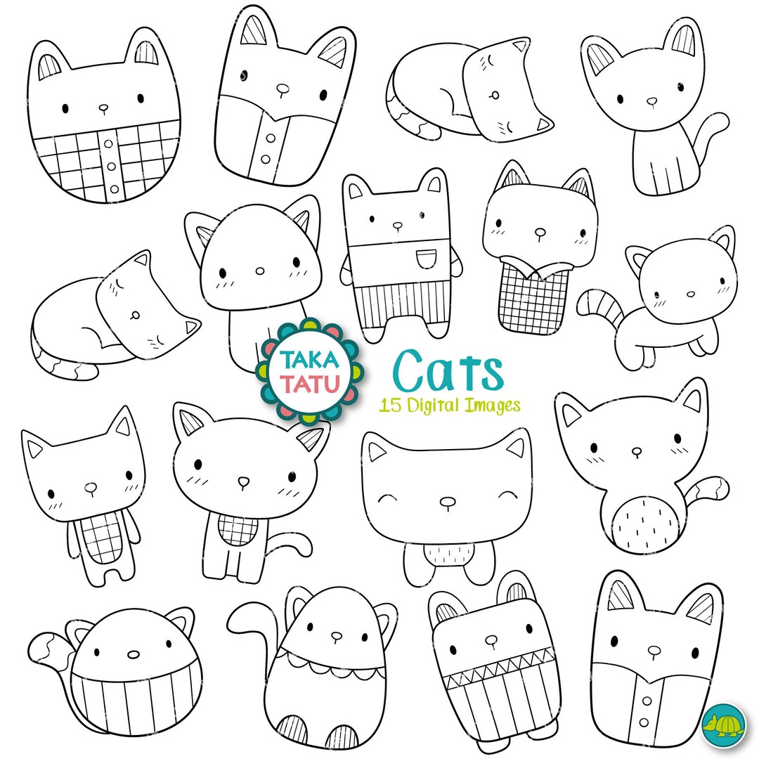 Cats Digital Stamp Pack - Black and White Doodle Cats Printable Line ...