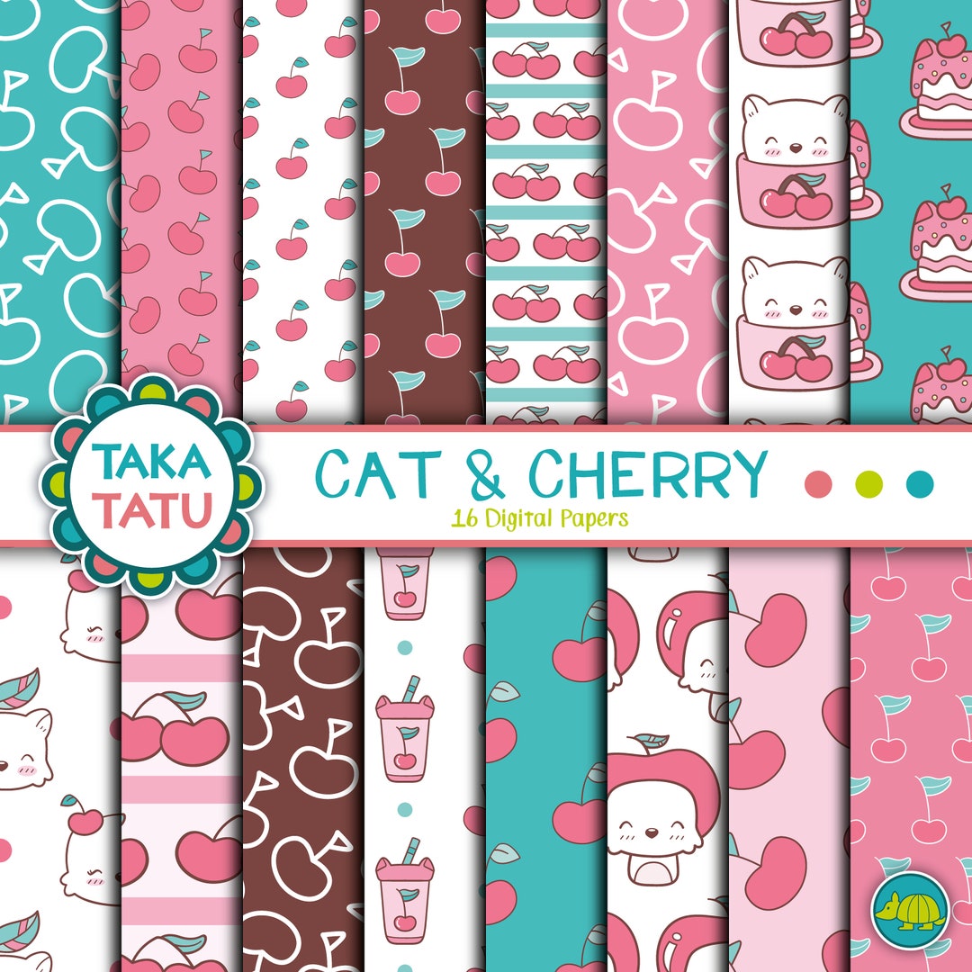 CAT AND CHERRY Digital Paper Pack - Colorful and Fun Digital Paper Set ...