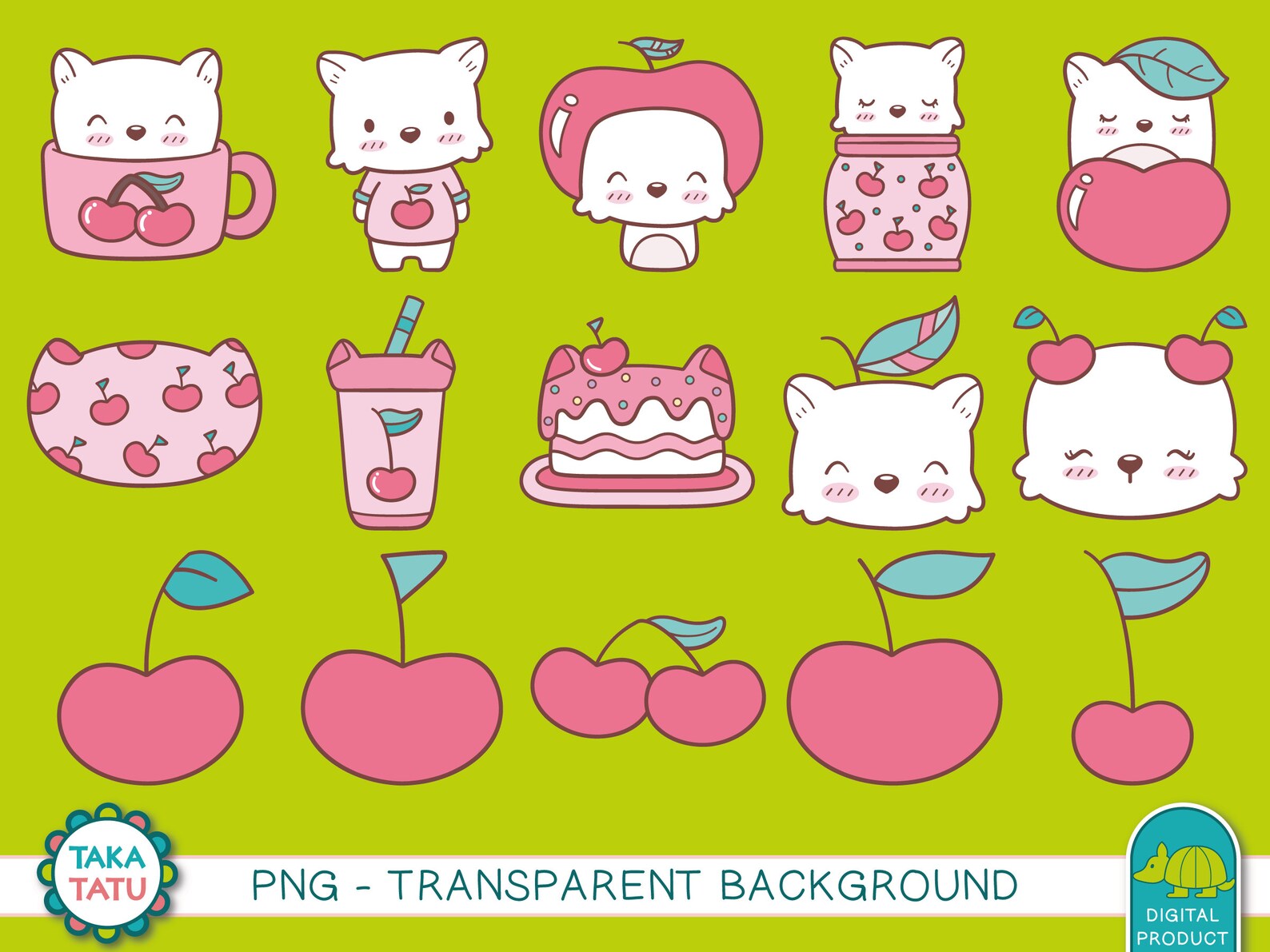 Cherry Cats Cute Colorful Clipart Set - Cute Cats Digital Illustration ...