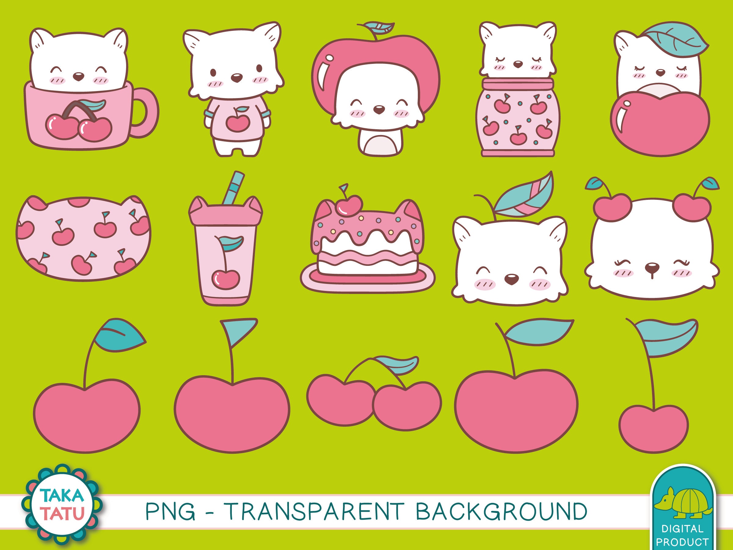 Cherry Cats Cute Colorful Clipart Set - Cute Cats Digital Illustration ...