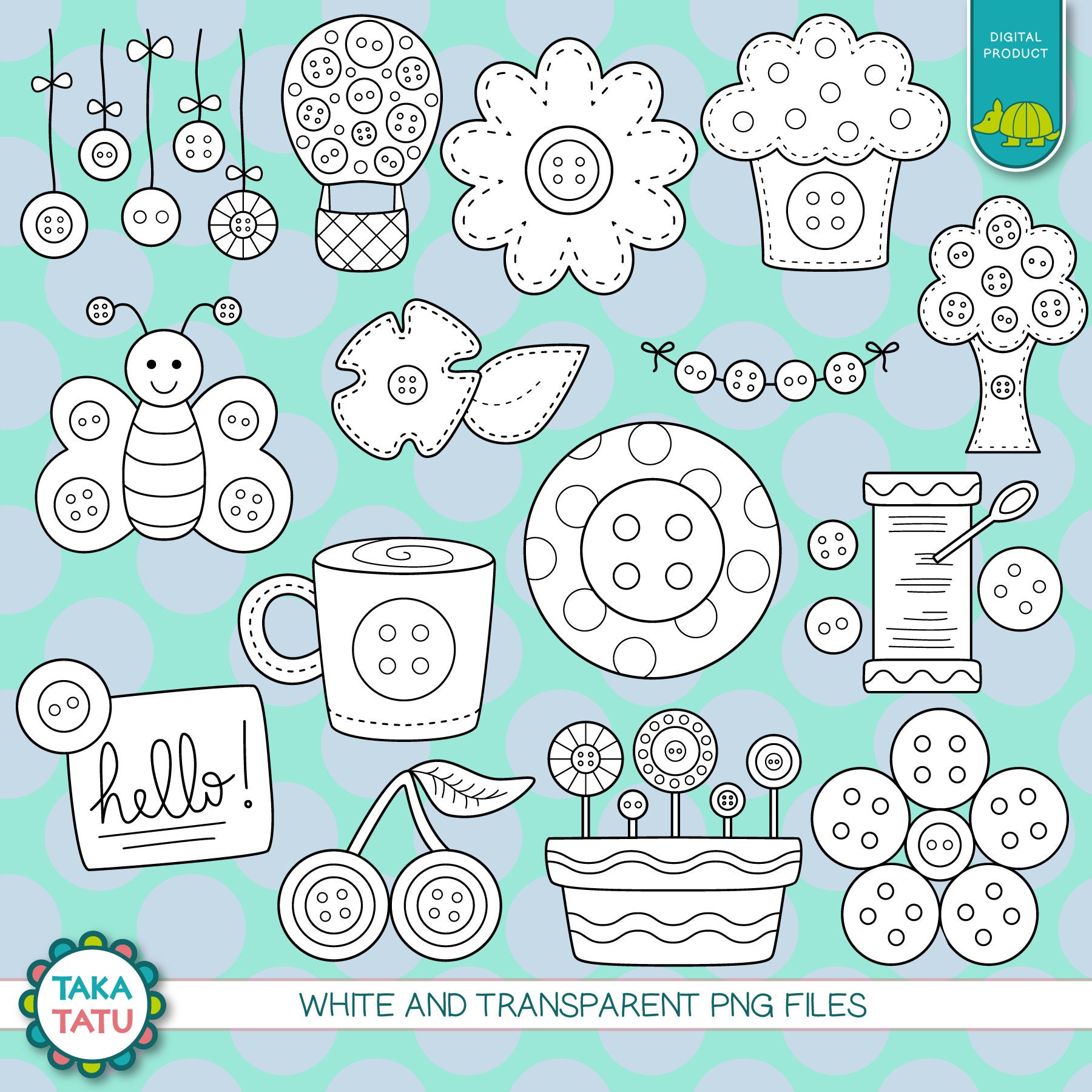 Buttons Digital Stamp Pack Black and White / Cute Clip Art / | Etsy