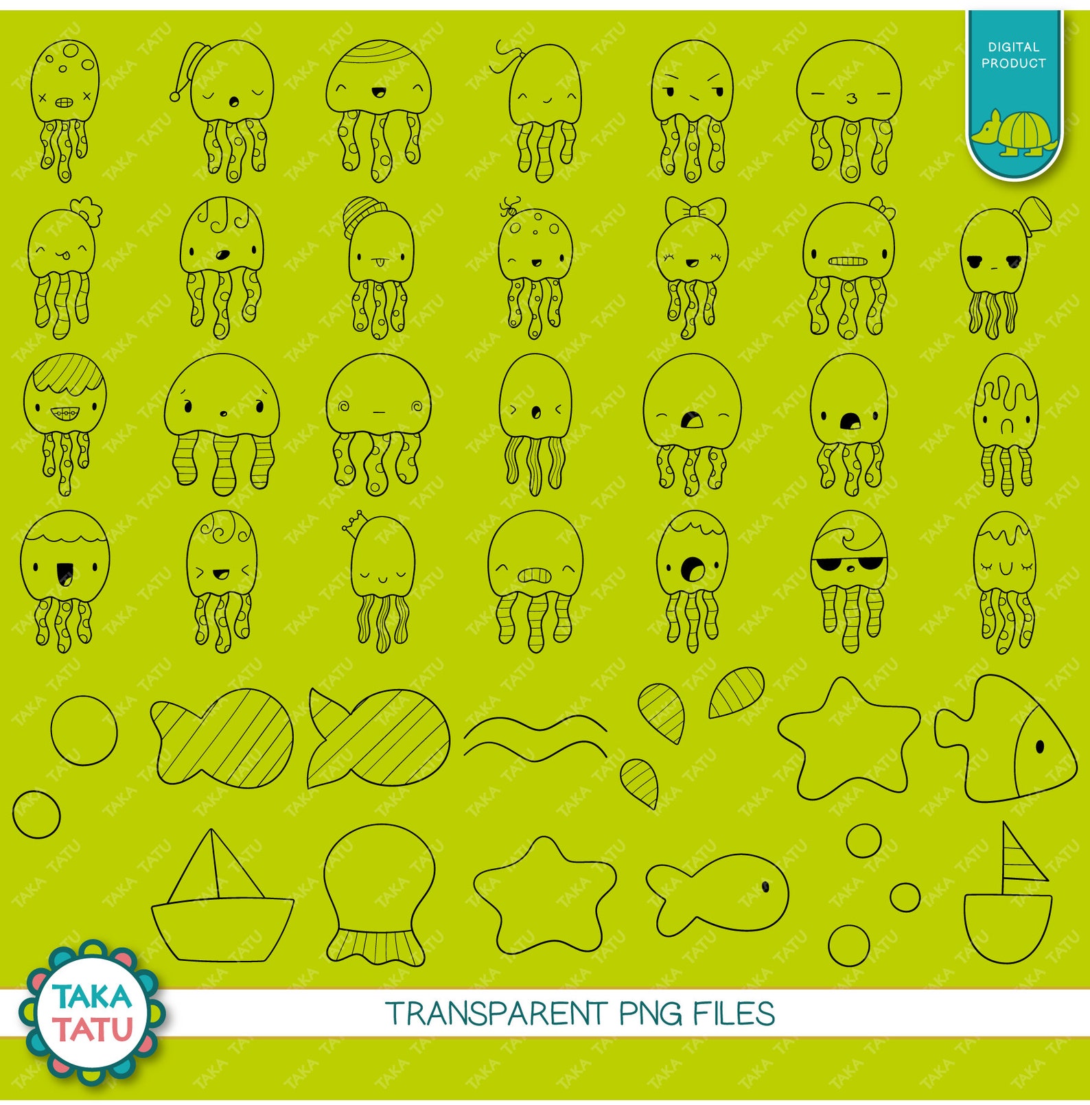 Jellyfish Doodles Clipart - Sea Digital Stamp / Cute Jellyfish ...