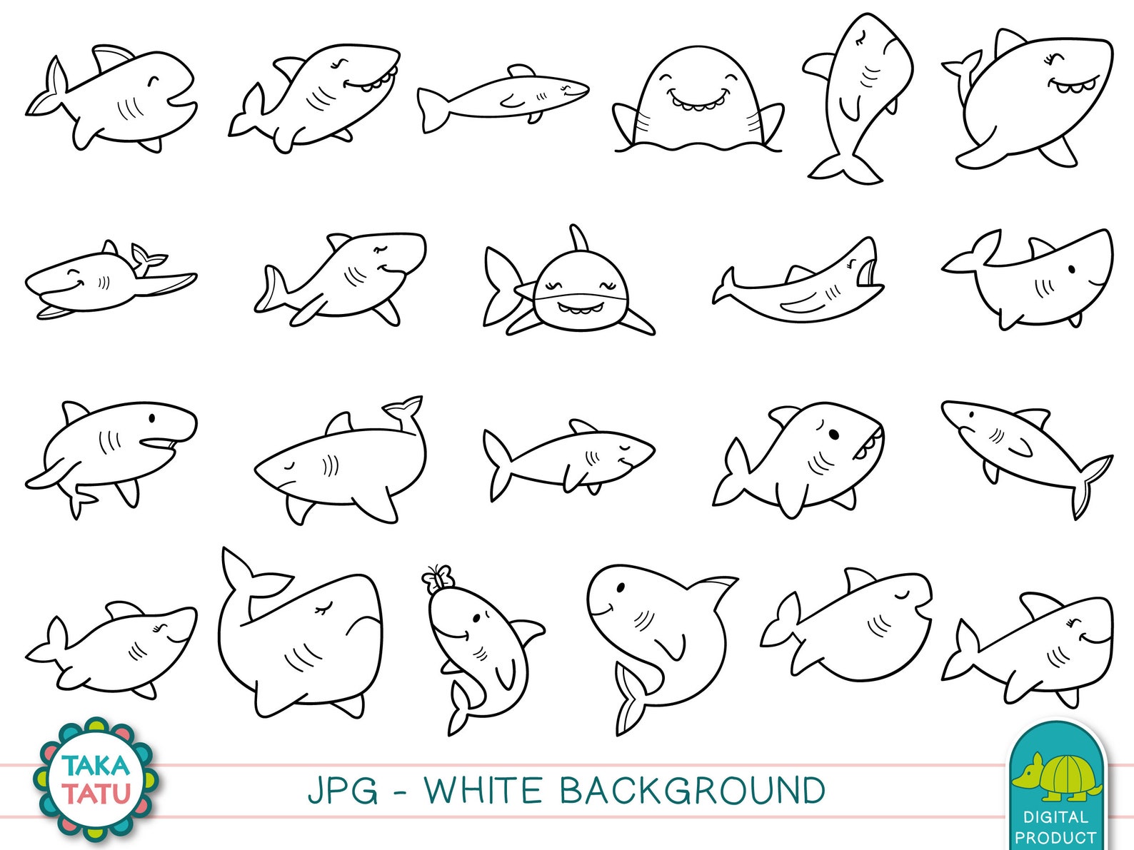 Cute Sharks Digital Stamp Pack Shark Doodles Black and White | Etsy