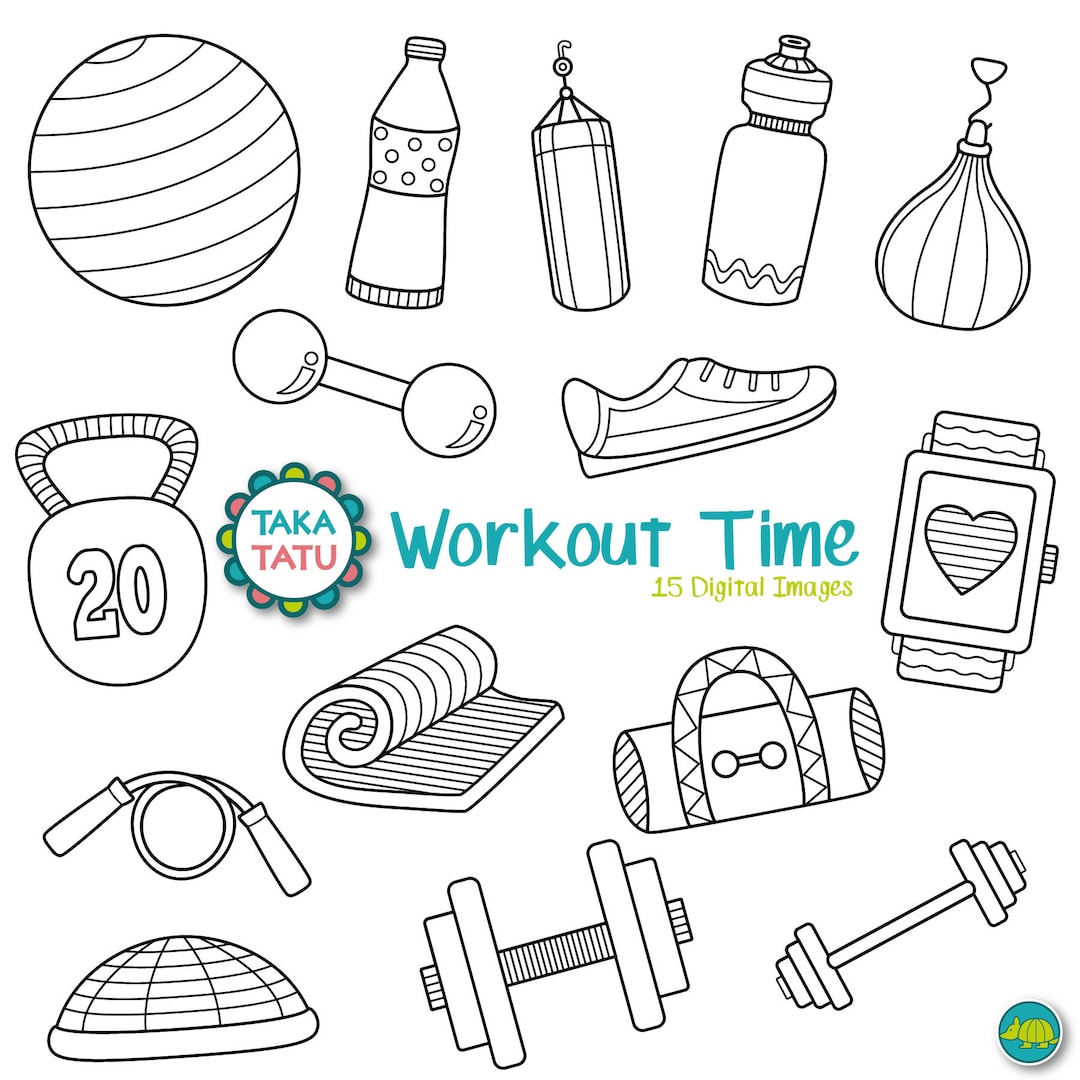 Workout Time Digital Stamp Pack - Black and White / Gym Clipart / Gym ...