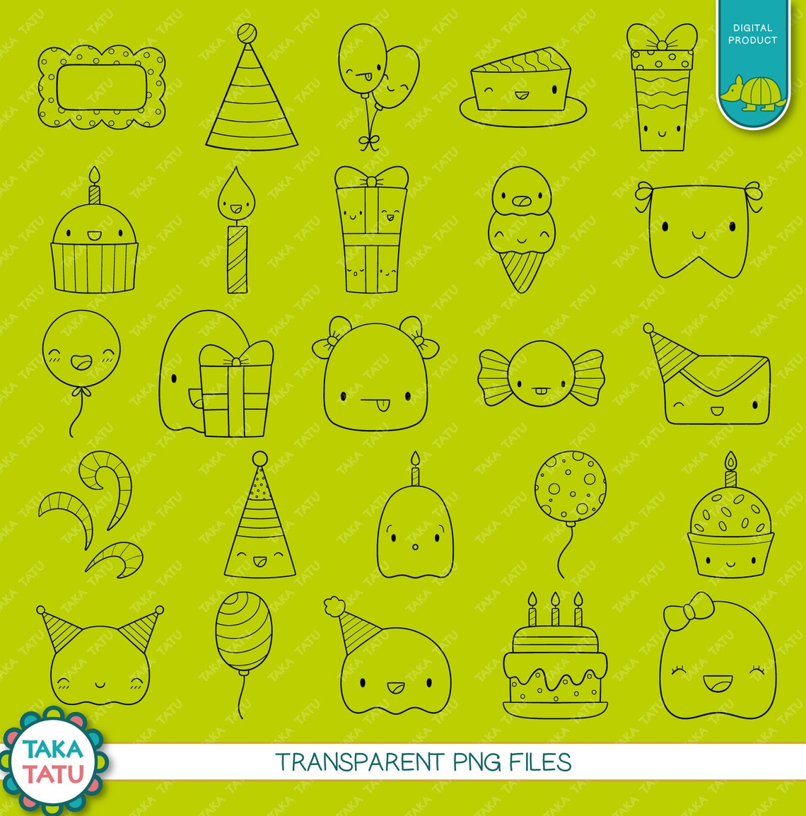 Kawaii Birthday Clipart Birthday Digi Stamps / Cute Line Art | Etsy