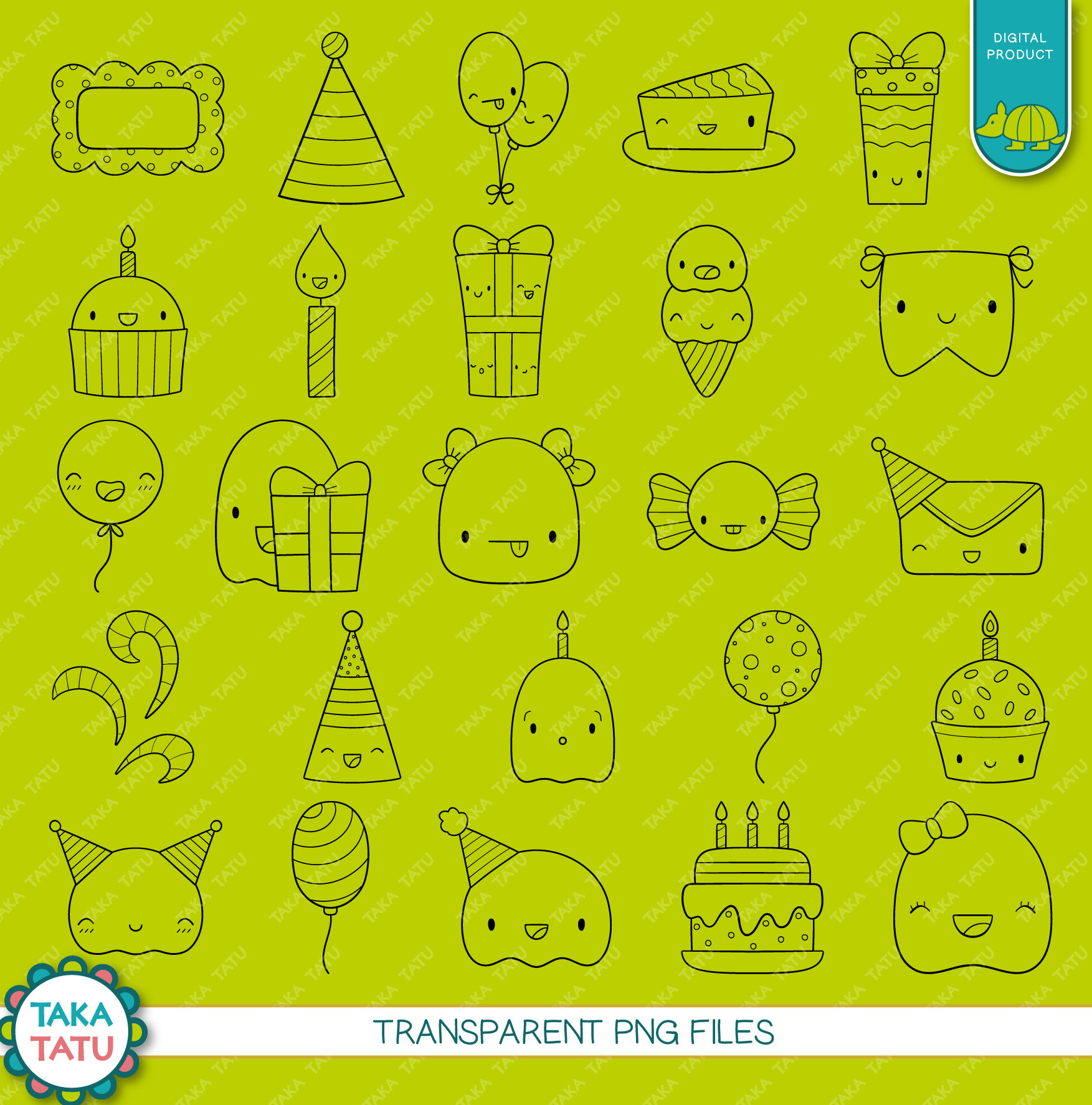 Kawaii Birthday Clipart Birthday Digi Stamps / Cute Line Art | Etsy