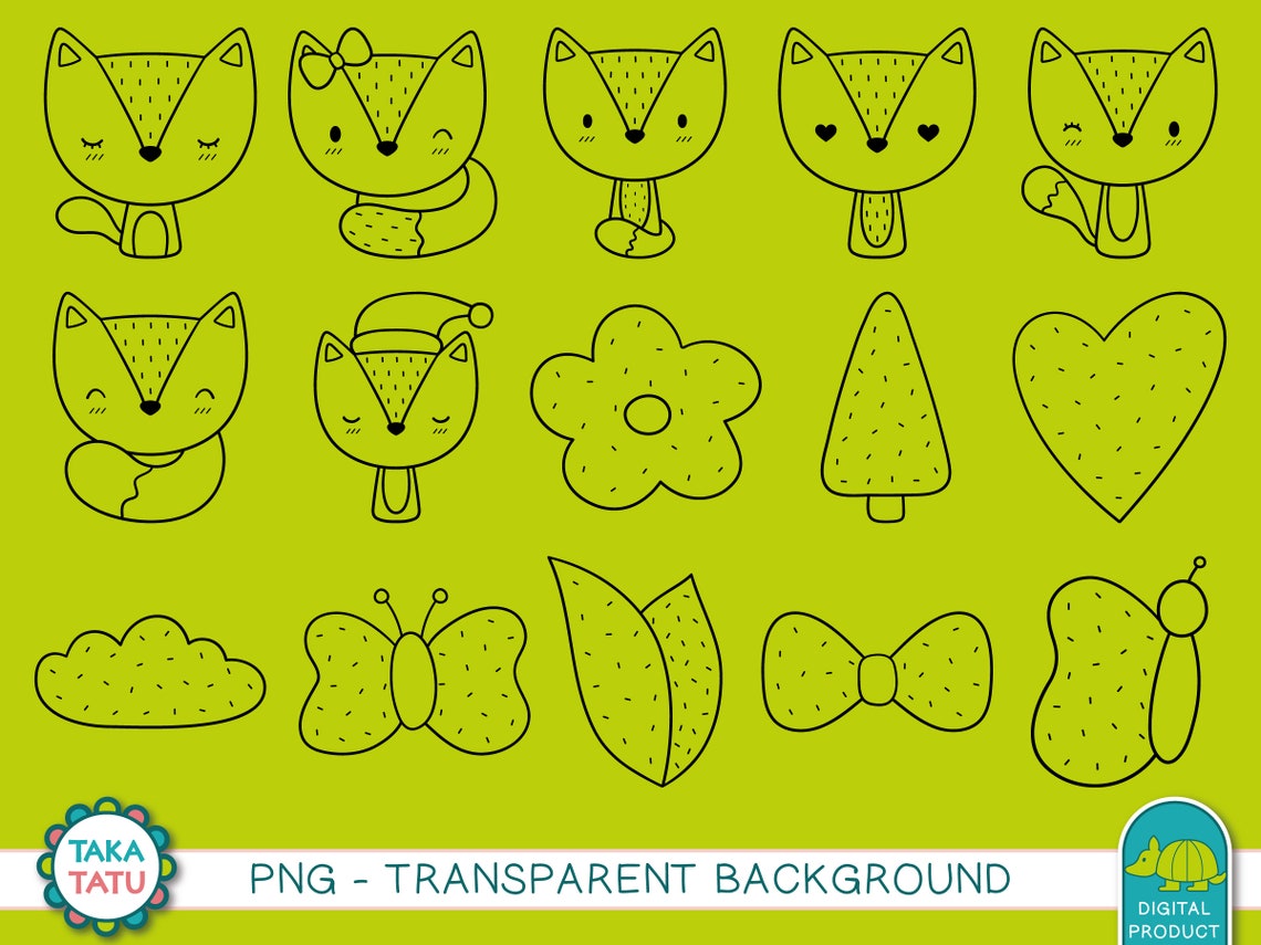 Fox Digital Stamp Fox Clipart / Hand Drawn Black and White | Etsy