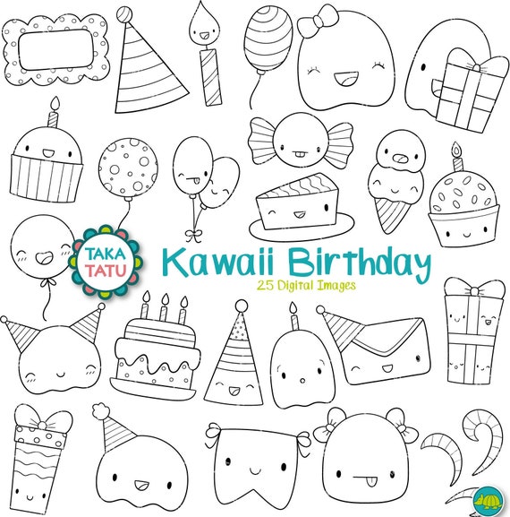 Kawaii Birthday Clipart Birthday Digi Stamps / Cute Line Art | Etsy
