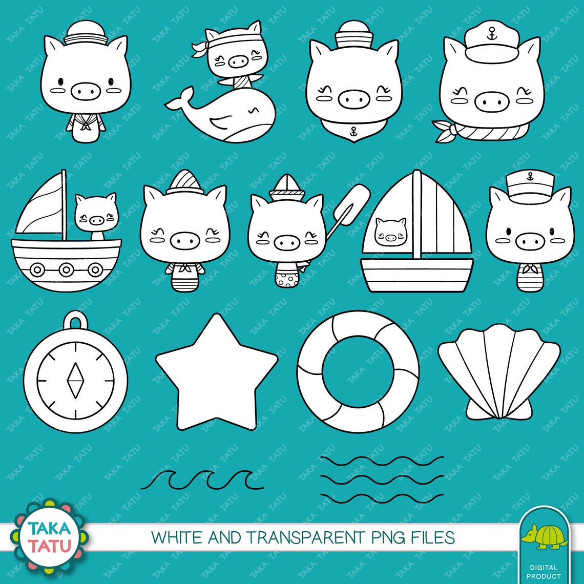 Sailor Pigs Digi Stamp - Cute Pigs Clipart / Black and White Pig ...