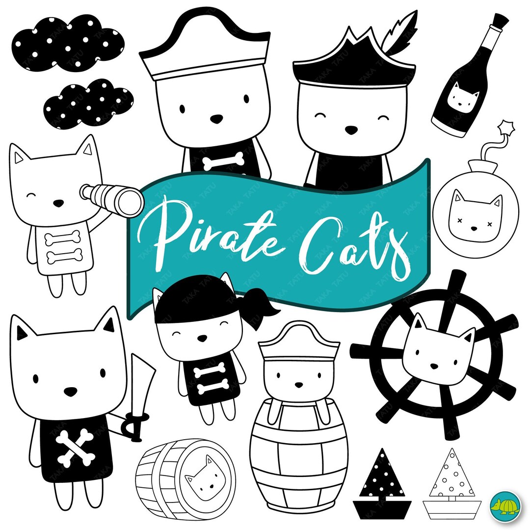 Pirate Cats Digital Stamp - Pirate Cat Clipart / Cat Doodles / Kawaii ...