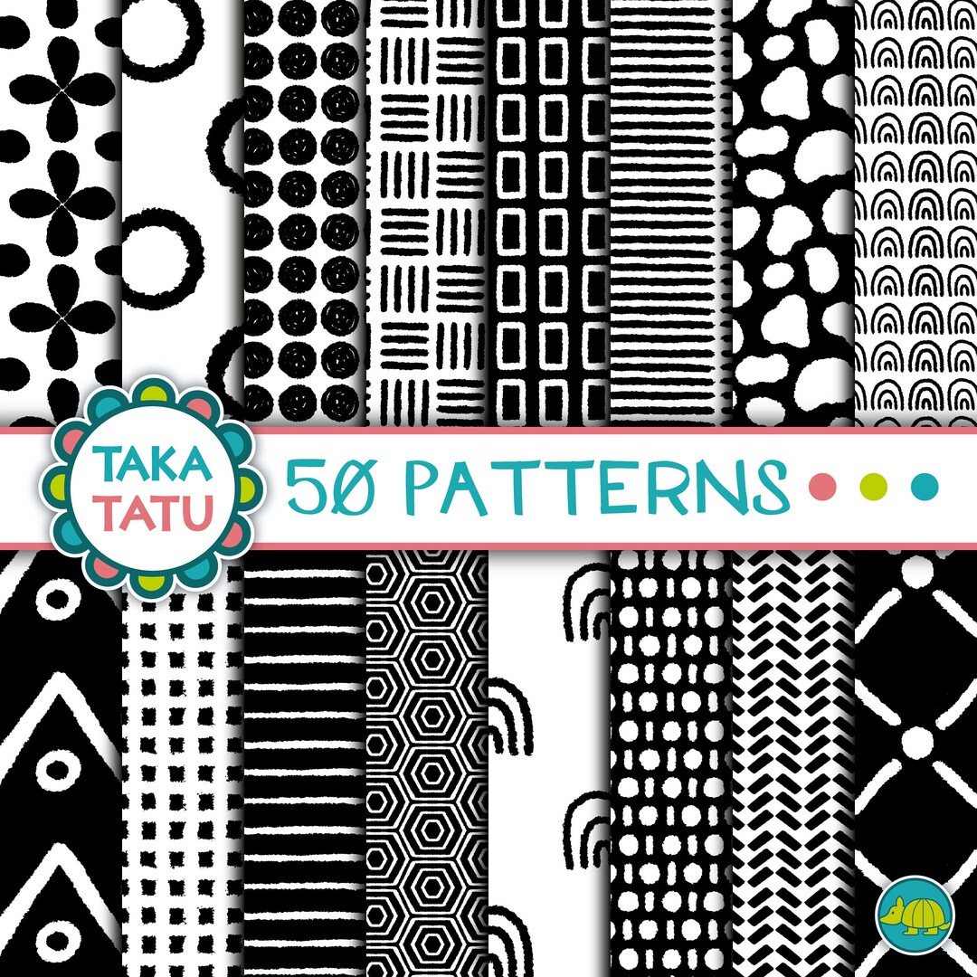 50 Black and White Painted Digital Paper Patterns / Black and White ...