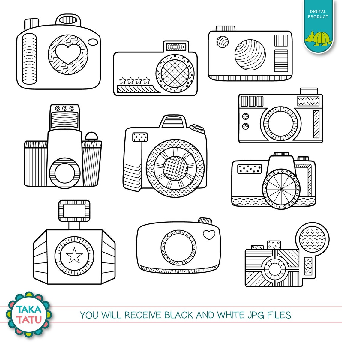 Camera Doodles Digital Stamp Pack Black and White Clipart / | Etsy