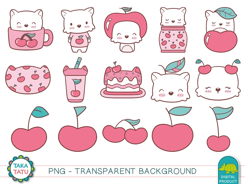 Cherry Cats Cute Colorful Clipart Set - Cute Cats Digital Illustration ...