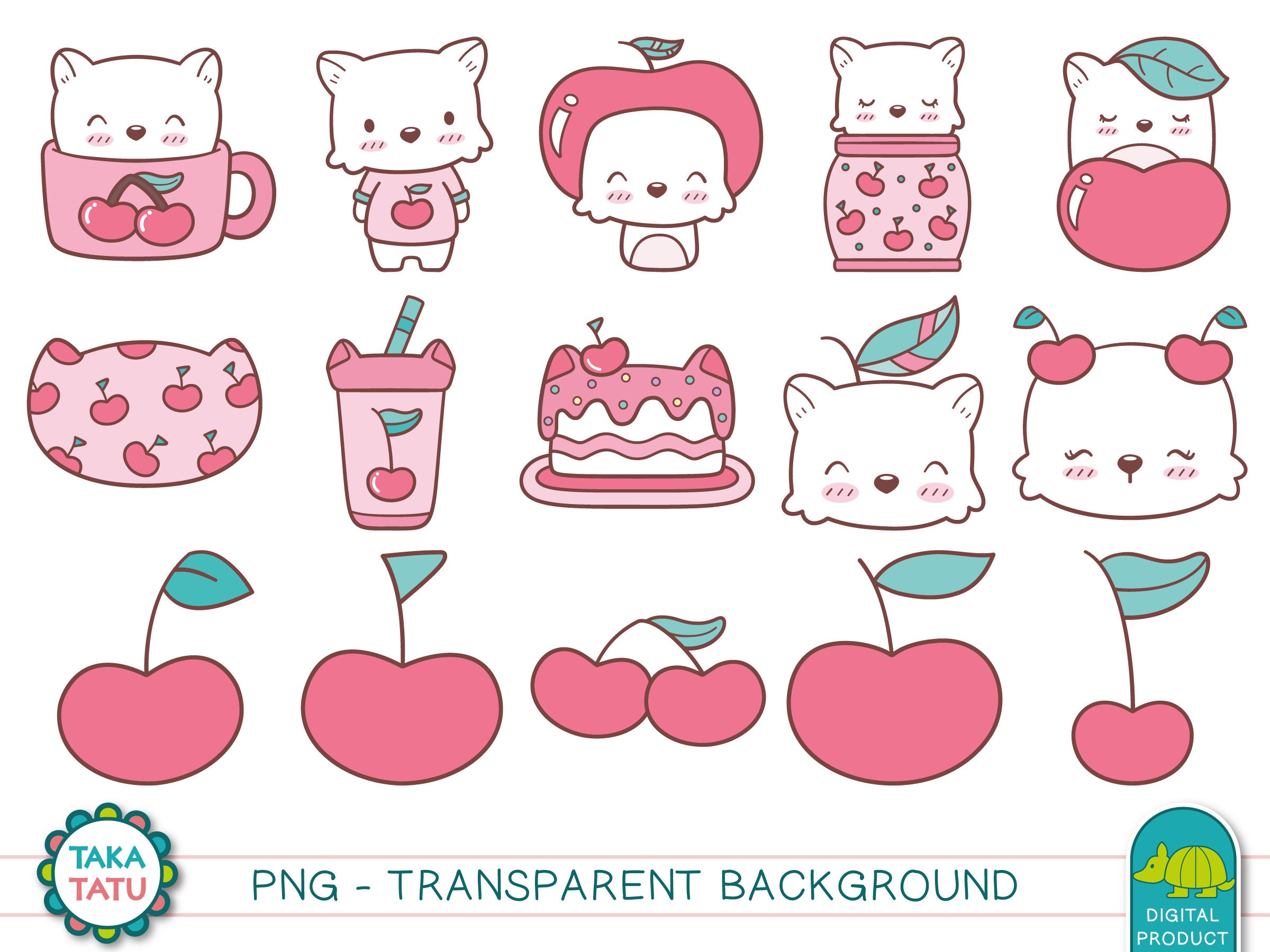 Cherry Cats Cute Colorful Clipart Set Cute Cats Digital - Etsy