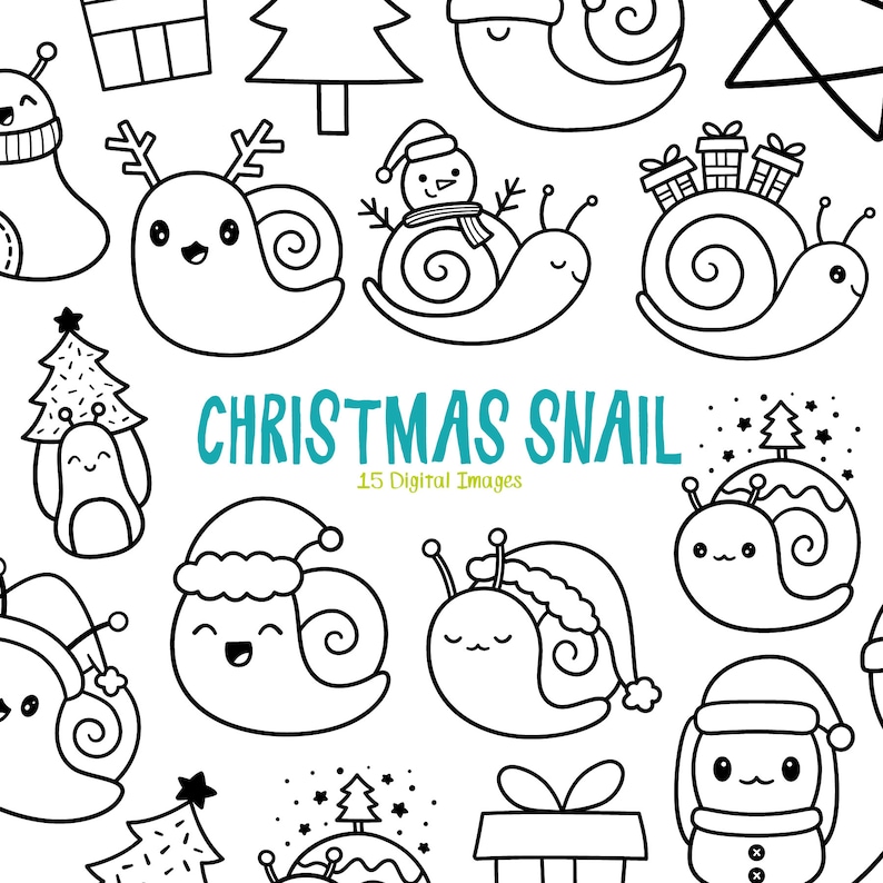 15 Christmas Snail Doodles Clipart - Black and White Line Art Christmas ...