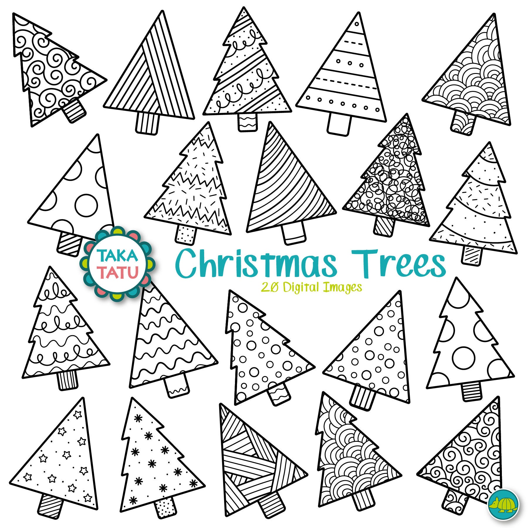 Christmas Trees Doodles Christmas Trees Digital Stamp / | Etsy