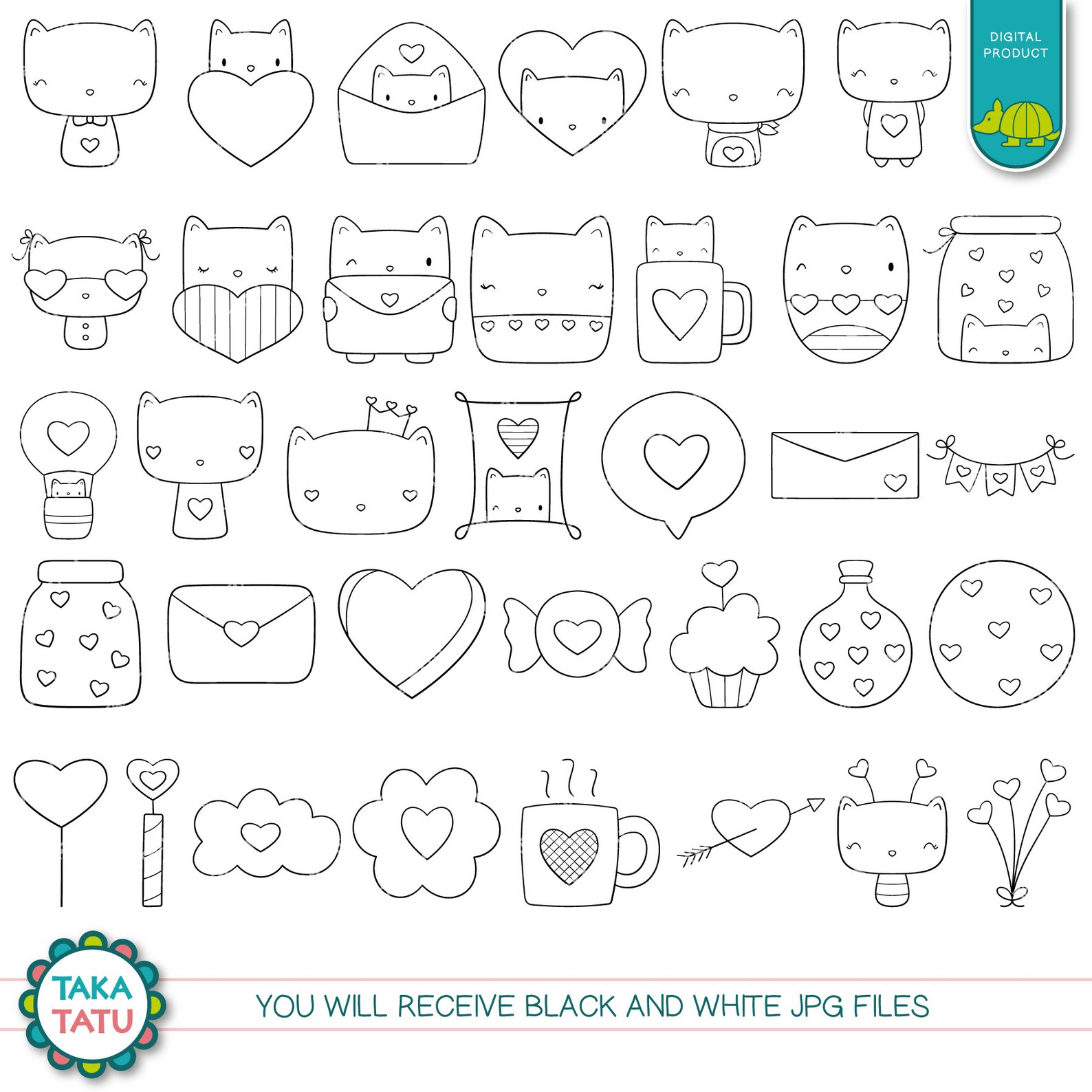 Valentine Cats Clipart Romantic Cat Doodles / Cat Doodles / - Etsy