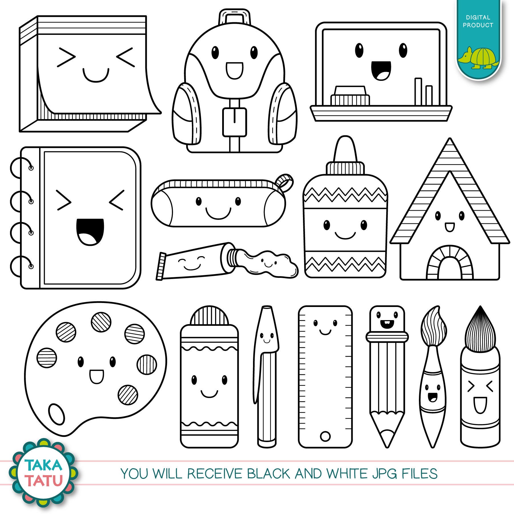Kawaii Art Supplies Digital Stamp - Art Supplies Clipart / Cute Art ...