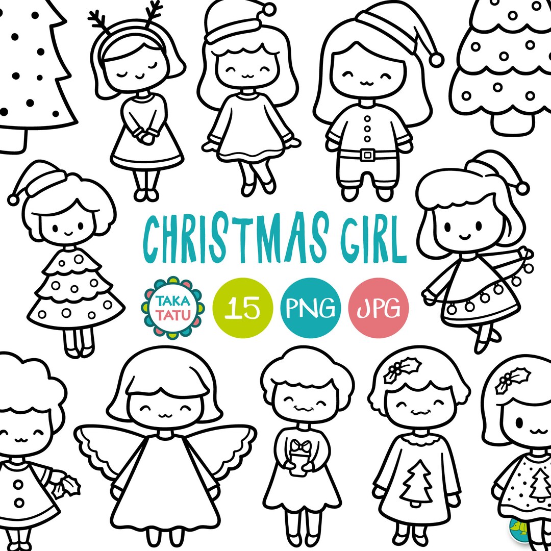 Christmas Girls Cute Hand Drawn Clipart - Black and White Kawaii Line ...
