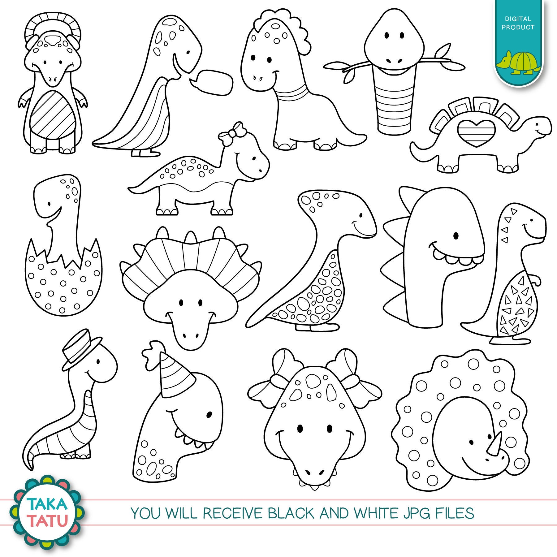 Dinosaur Digital Stamp Pack - Black and White Clipart / Dinosaur Clip ...