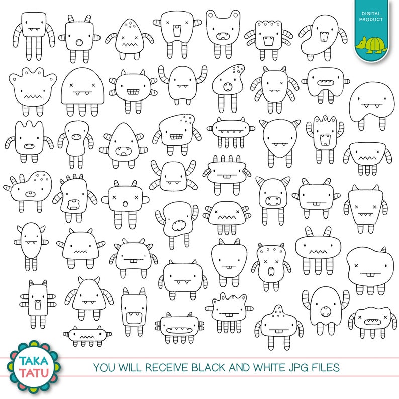 Cute Monsters Clipart - Black and White Clipart / Monster Doodles ...
