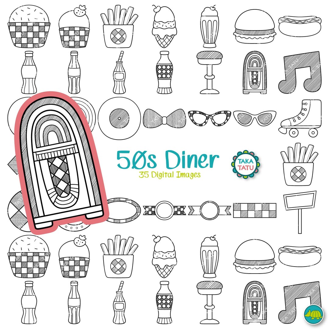 50s Diner Digital Stamp - Retro Diner Clipart / Vintage Sock Hop Party ...
