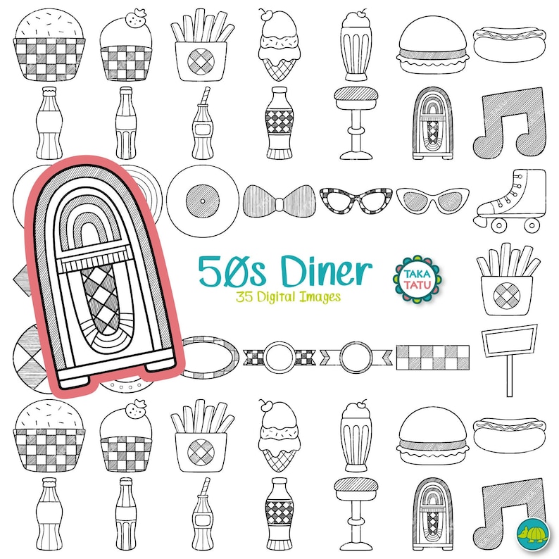 50s Diner Digital Stamp Retro Diner Clipart / Vintage Sock | Etsy