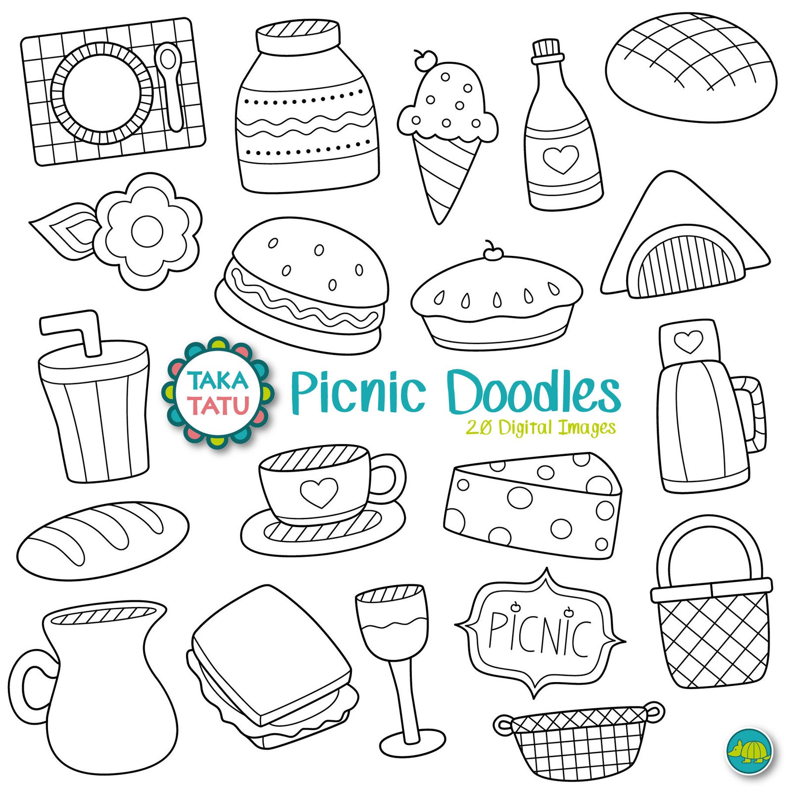 Picnic Doodles Digital Stamp Pack - Picnic Clip Art / Picnic Clipart ...