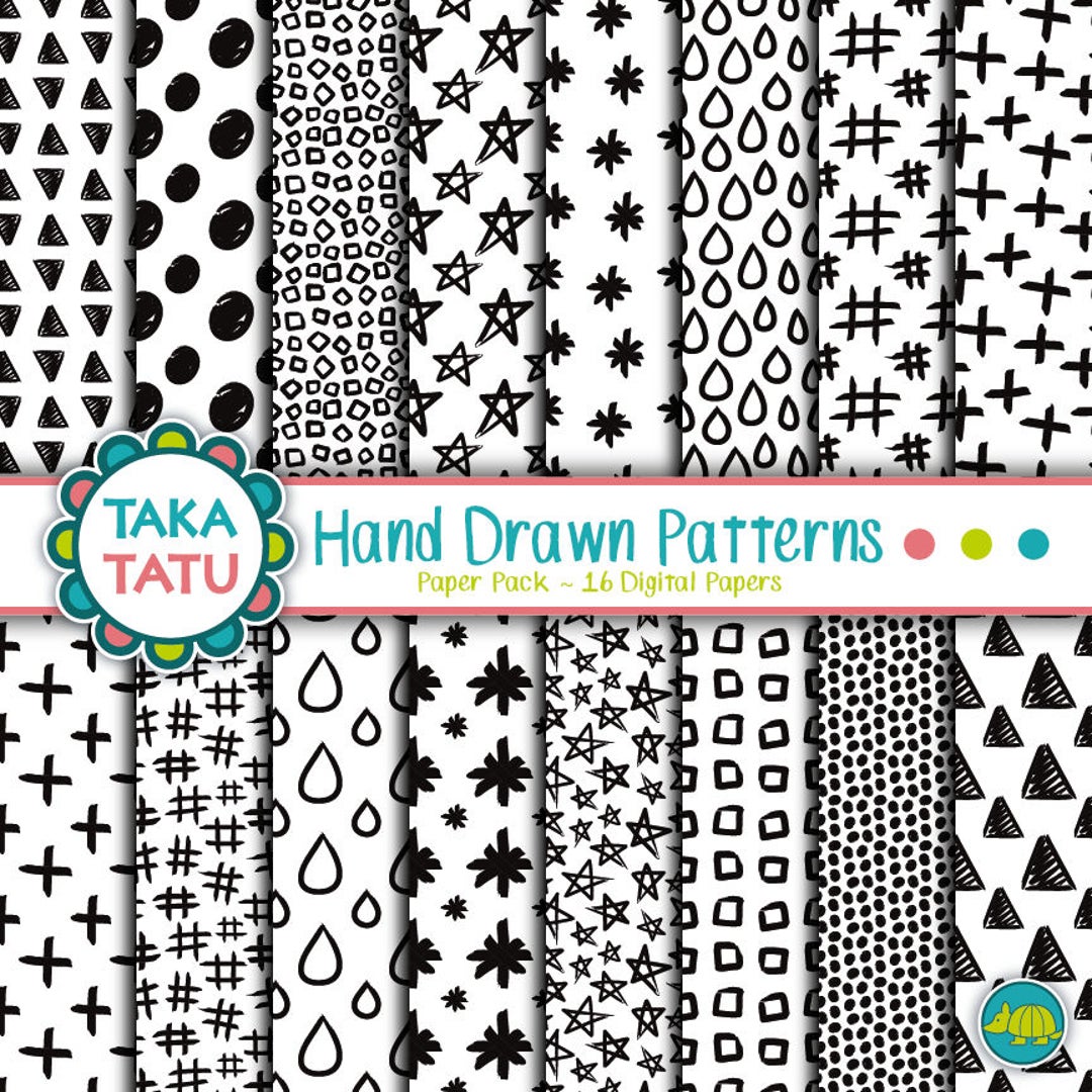 Geometric Hand Drawn Digital Paper - Black and White Paper / Hand Drawn ...