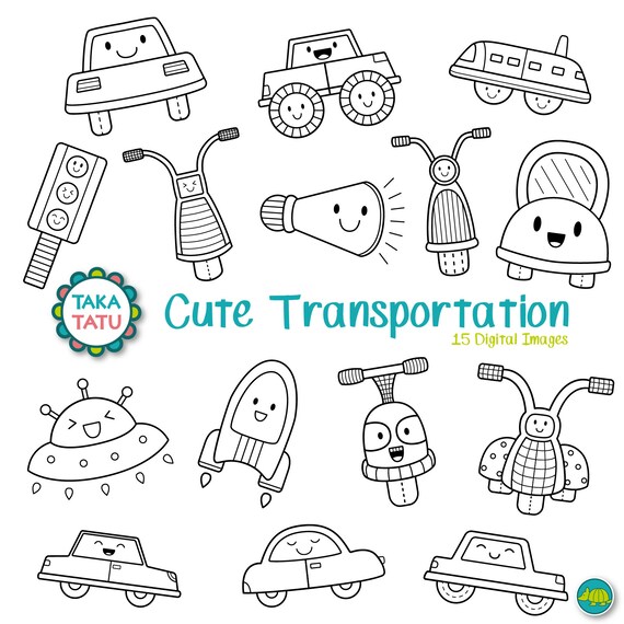 Cute Transportation Digital Stamp Black and White Clip Art / | Etsy