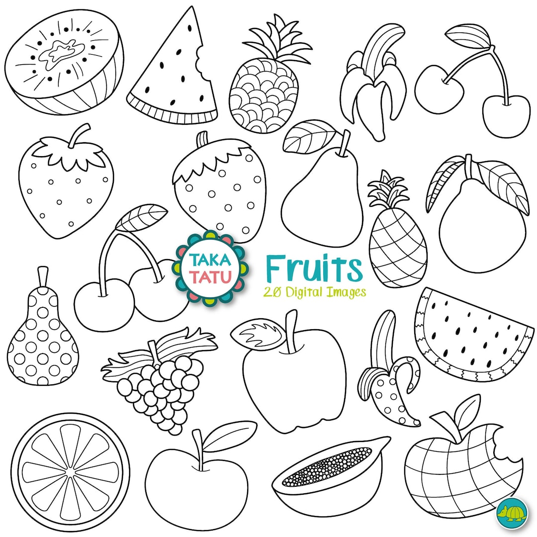 Fruits Digital Stamp Pack - Black and White Clipart / Fruits Clipart ...