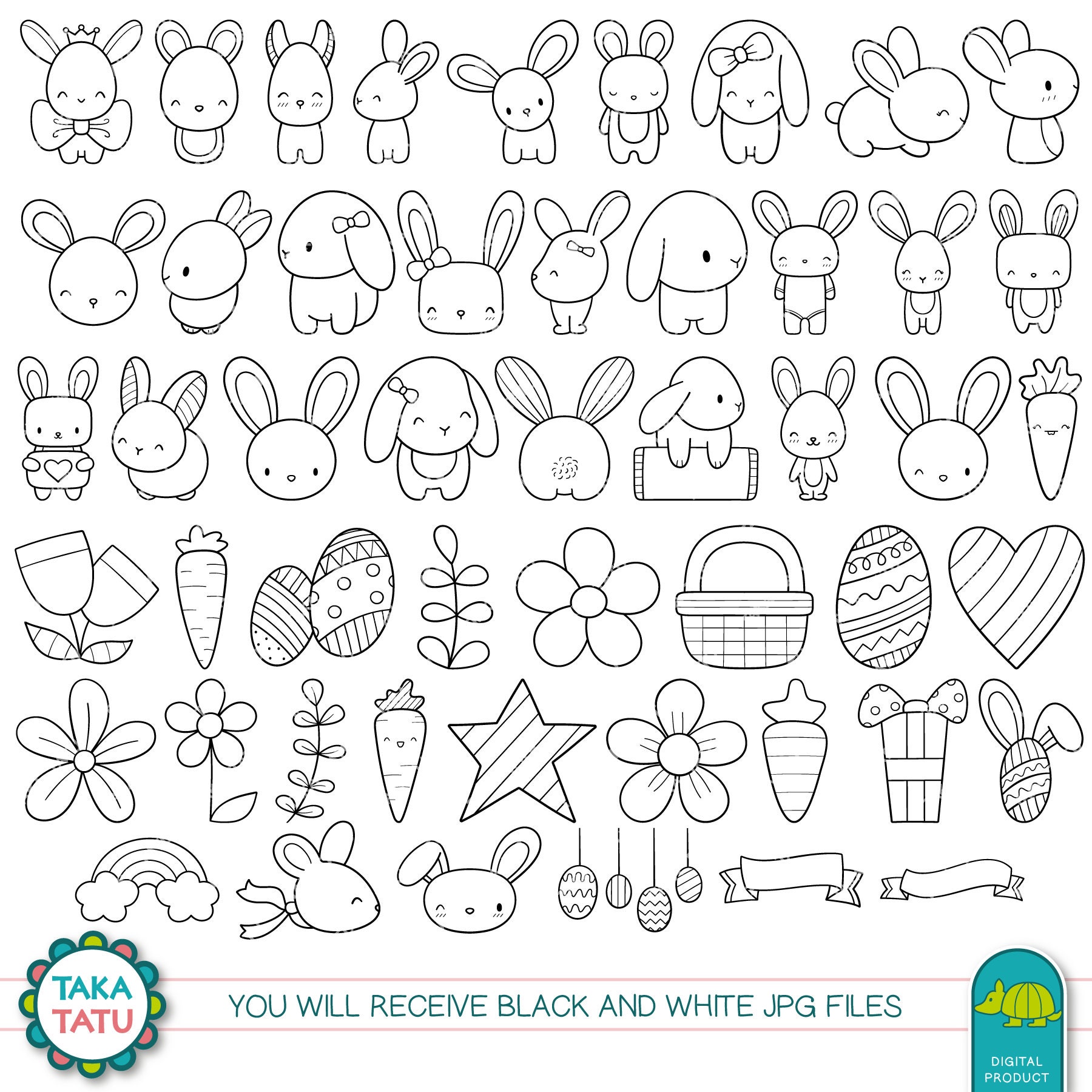 Easter Bunny Clipart Bunny Doodles Digital Stamp / Easter | Etsy
