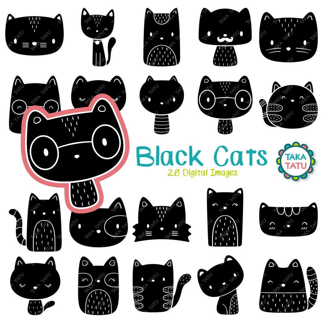 Black Cats Digital Stamp - Cat Clipart / Black and White Cute Cat ...