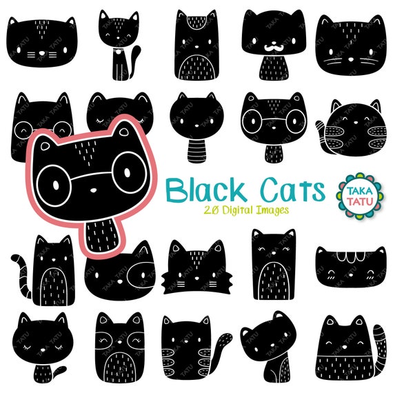 Black Cats Digital Stamp Cat Clipart / Black and White Cute | Etsy