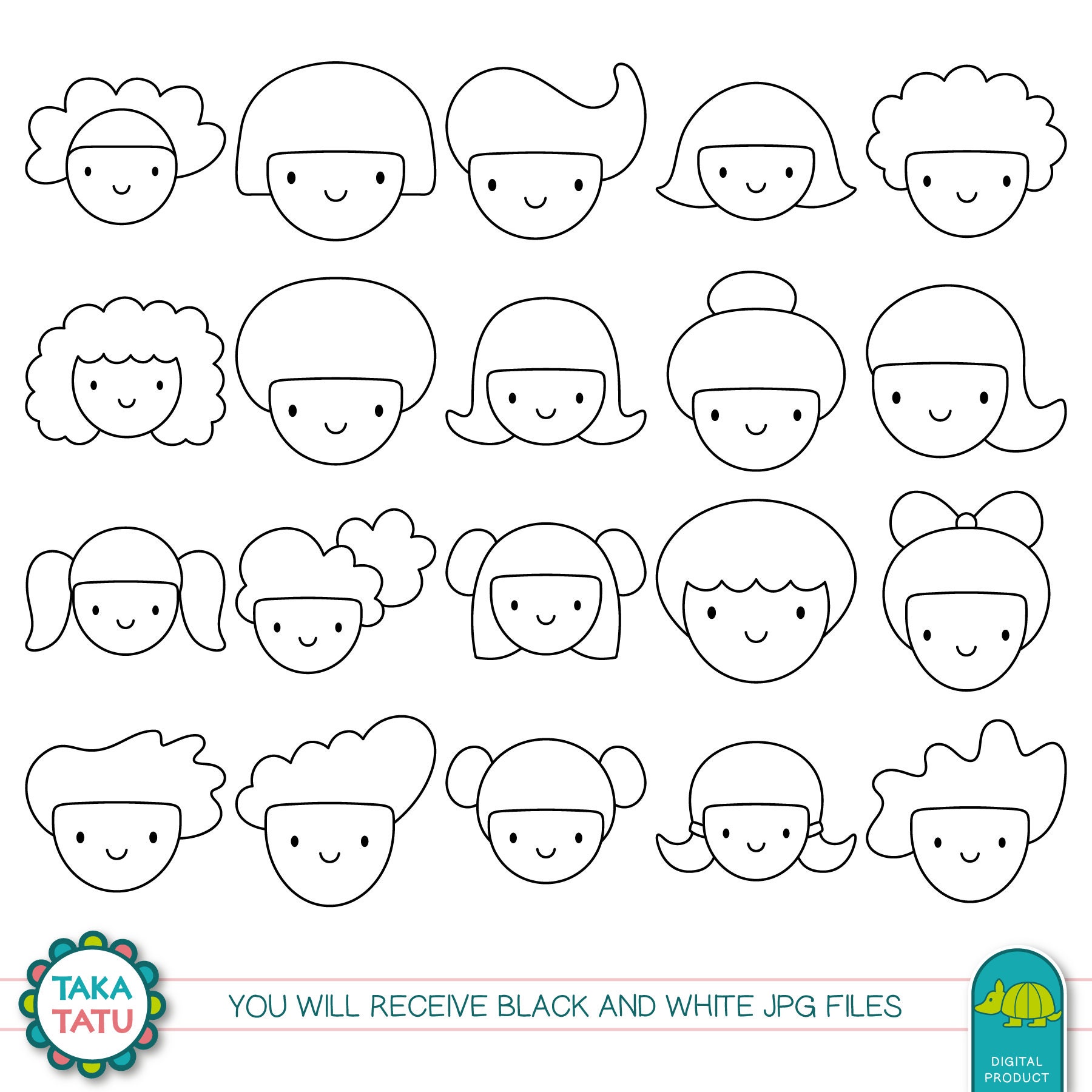 Simple Faces Black and White Line Art Digital Stamp - Cute Faces ...