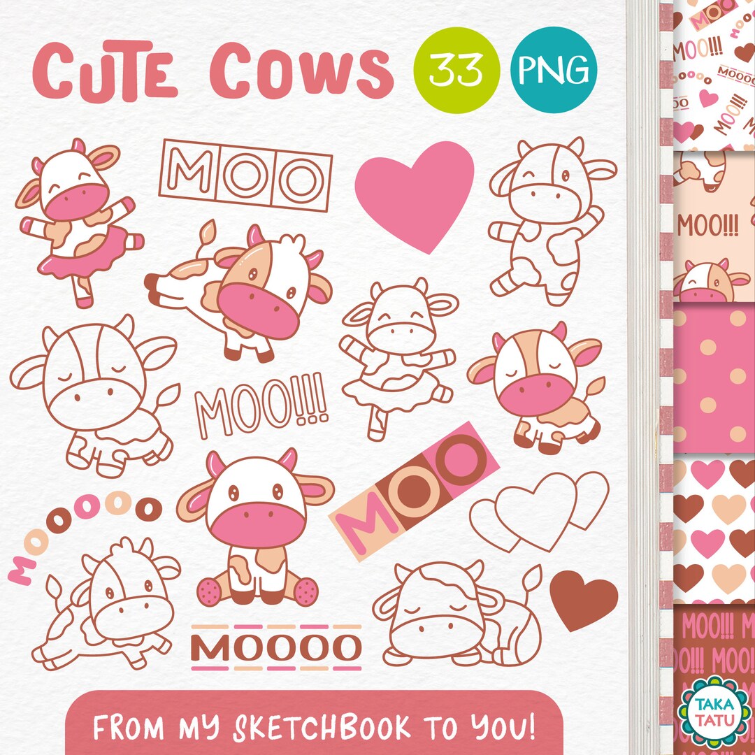 Cute Cows Scrapbook Set - Hand Drawn Clipart and Digital Stamps ...