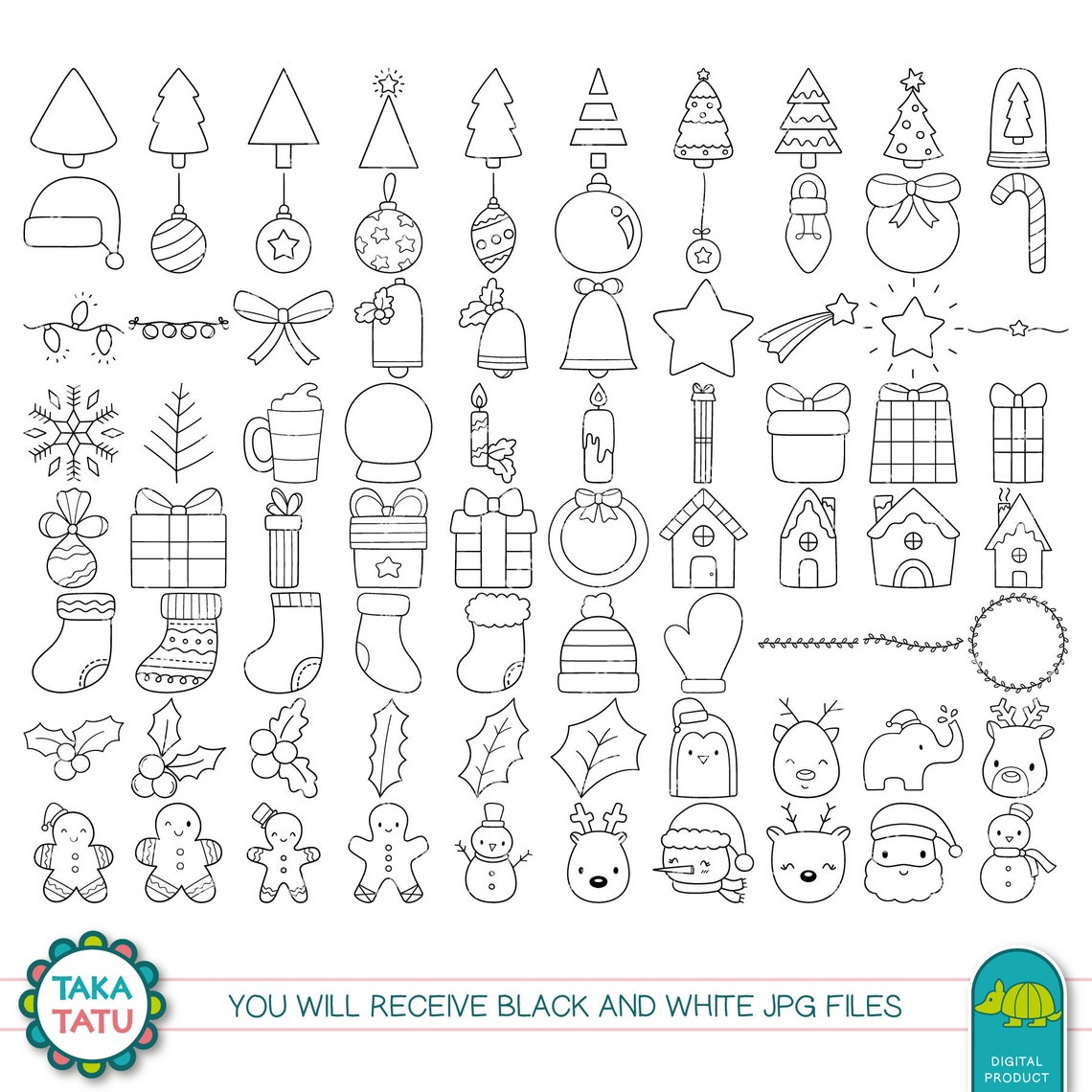 Christmas Doodles Clipart - - Black and White Christmas Line Art ...