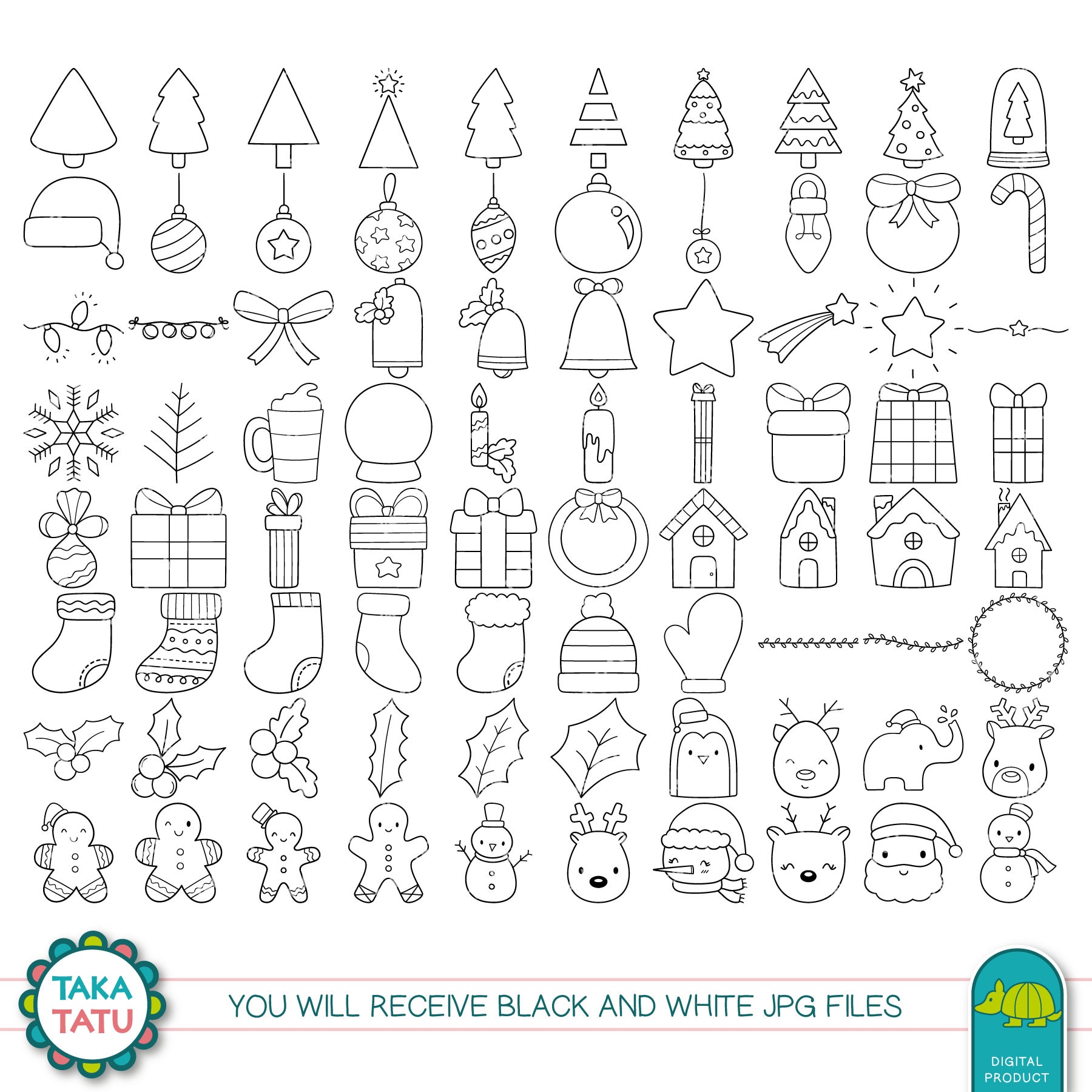 Christmas Doodles Clipart Black and White Christmas Line - Etsy