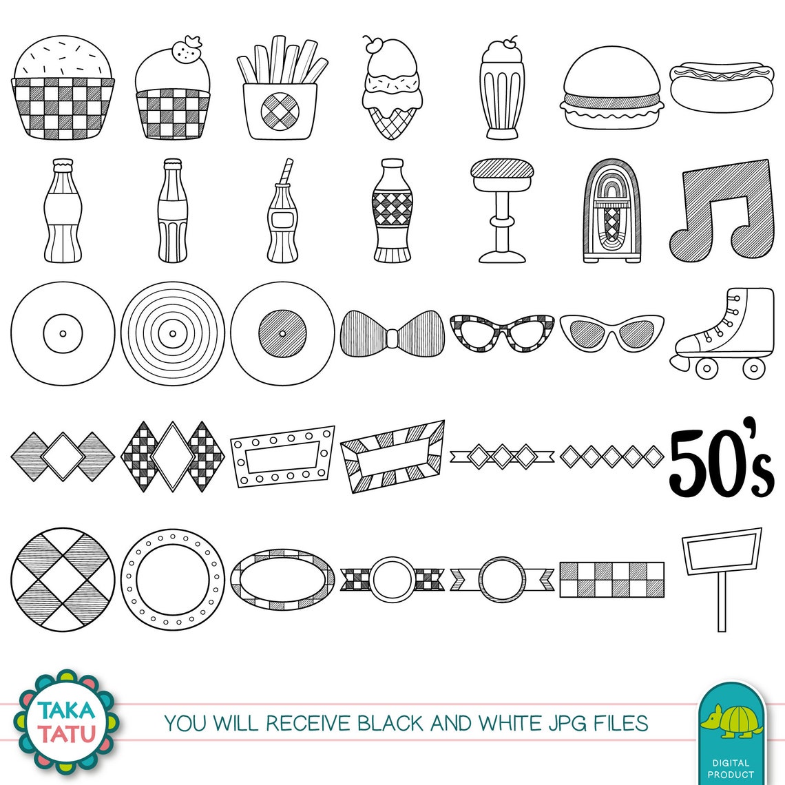 50s Diner Digital Stamp - Retro Diner Clipart / Vintage Sock Hop Party ...