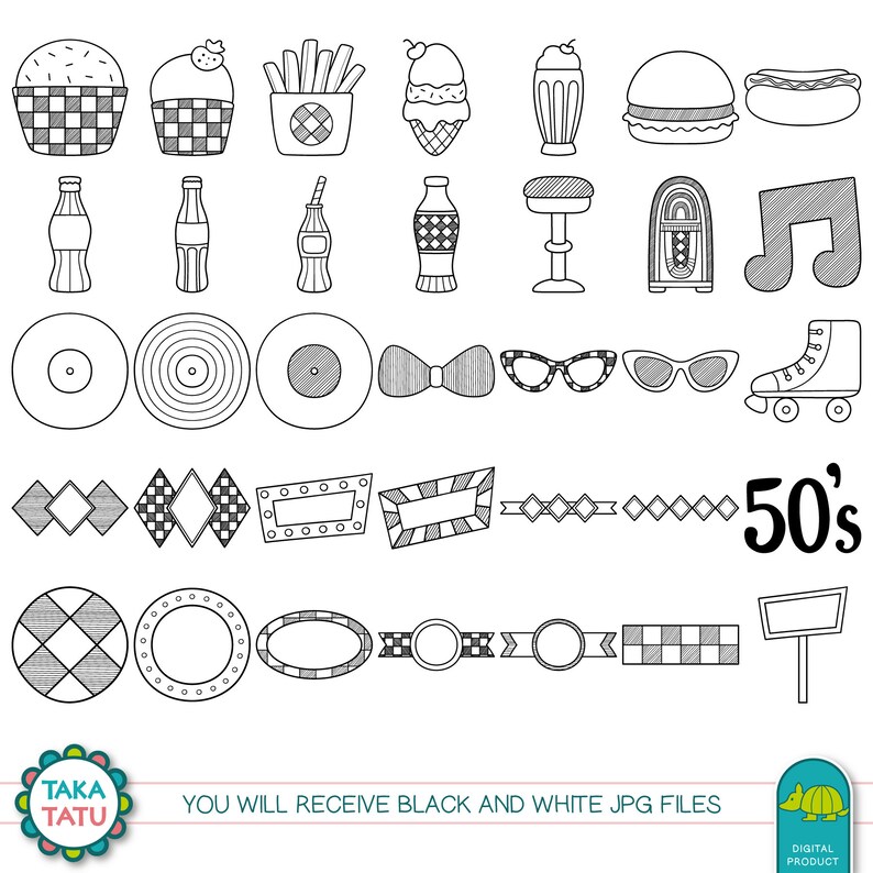 50s Diner Digital Stamp Retro Diner Clipart / Vintage Sock | Etsy