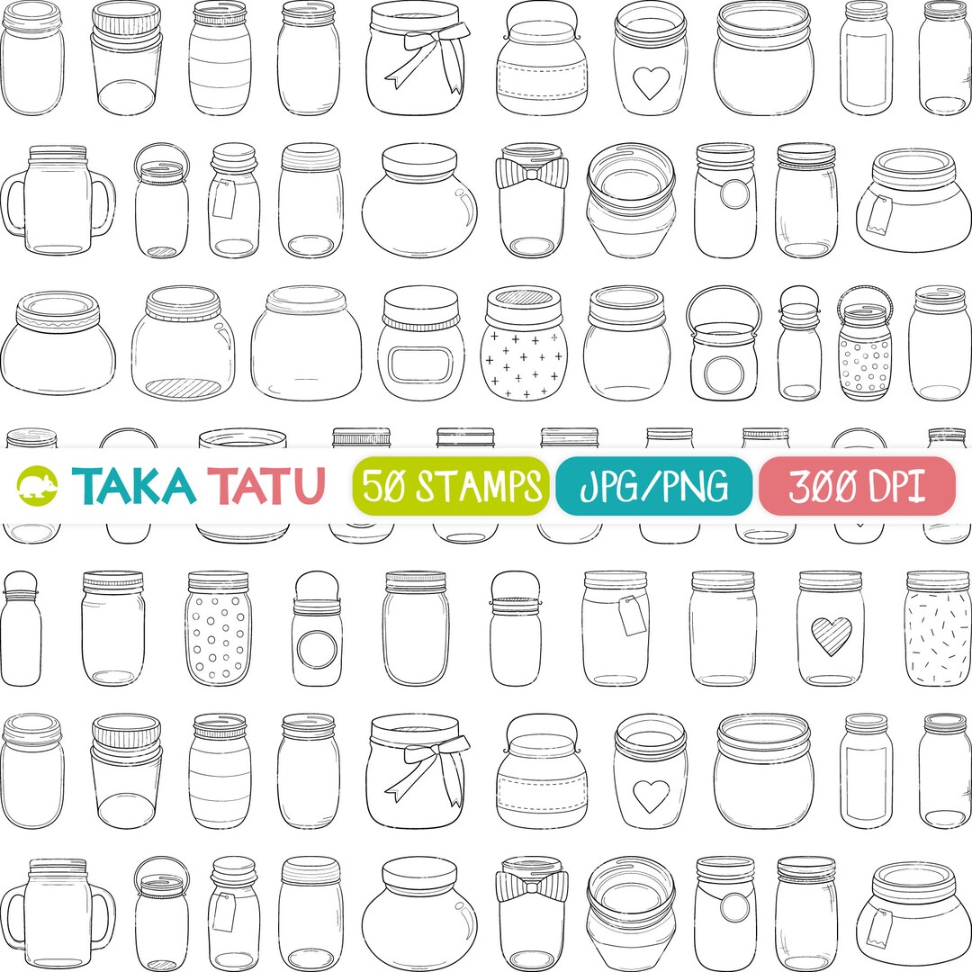 Mason Jar Digital Stamp - Mason Jar Clipart / Mason Jar Doodles / Line ...