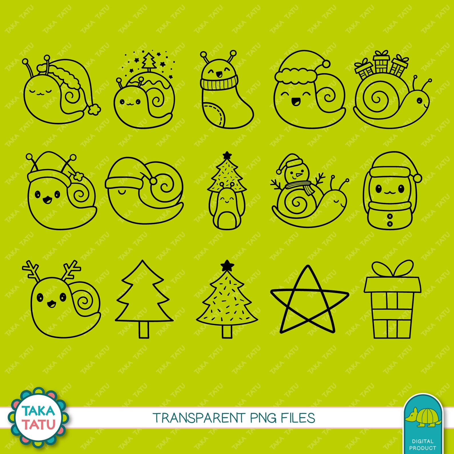 15 Christmas Snail Doodles Clipart - Black and White Line Art Christmas ...