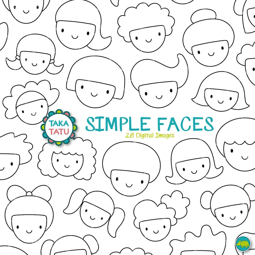 Simple Faces Black and White Line Art Digital Stamp - Cute Faces ...