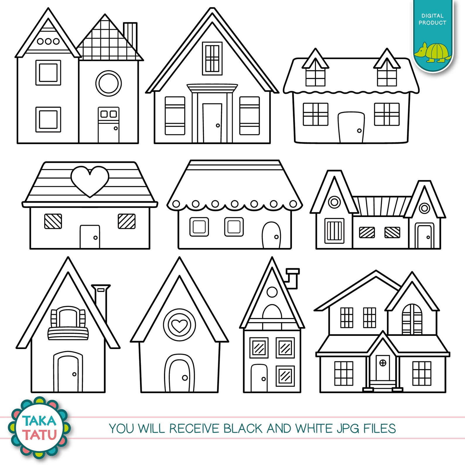 Sweet Home Digital Stamp Pack - Black and White Clipart / House Clipart ...