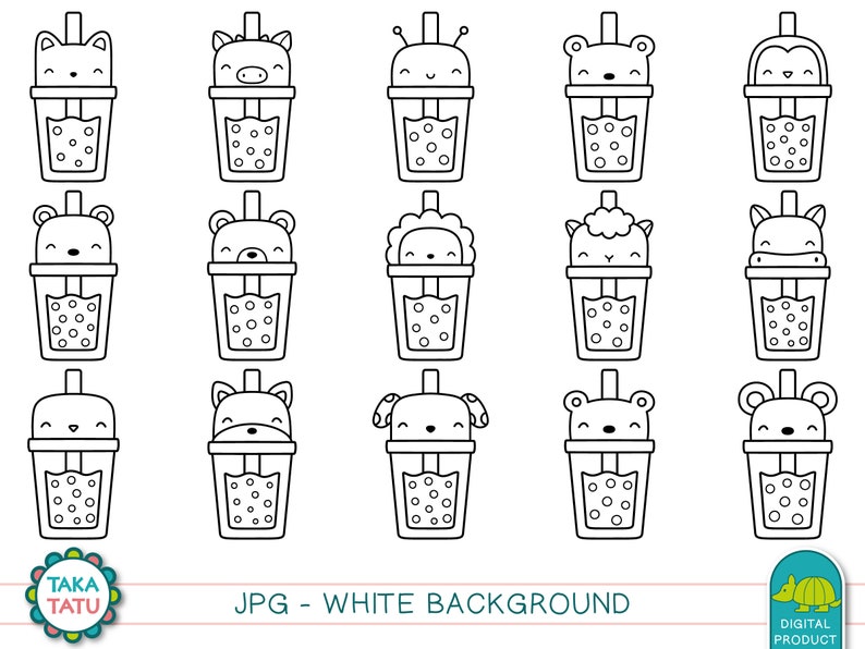 Bubble Tea Animals Digital Stamp Hand Drawn Cute Boba Tea - Etsy