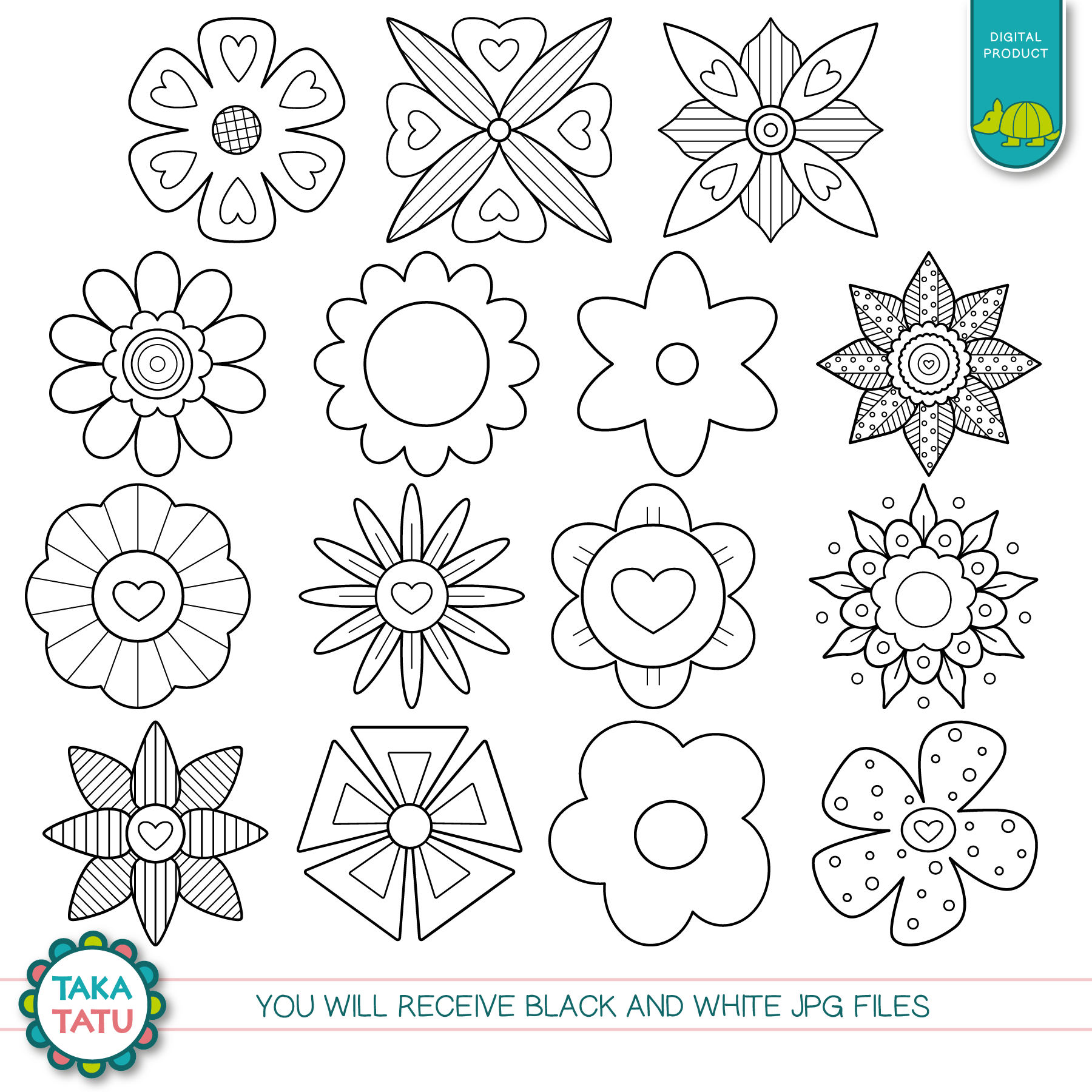 Flowers Digital Stamp Pack Black and White Clipart / Flower | Etsy