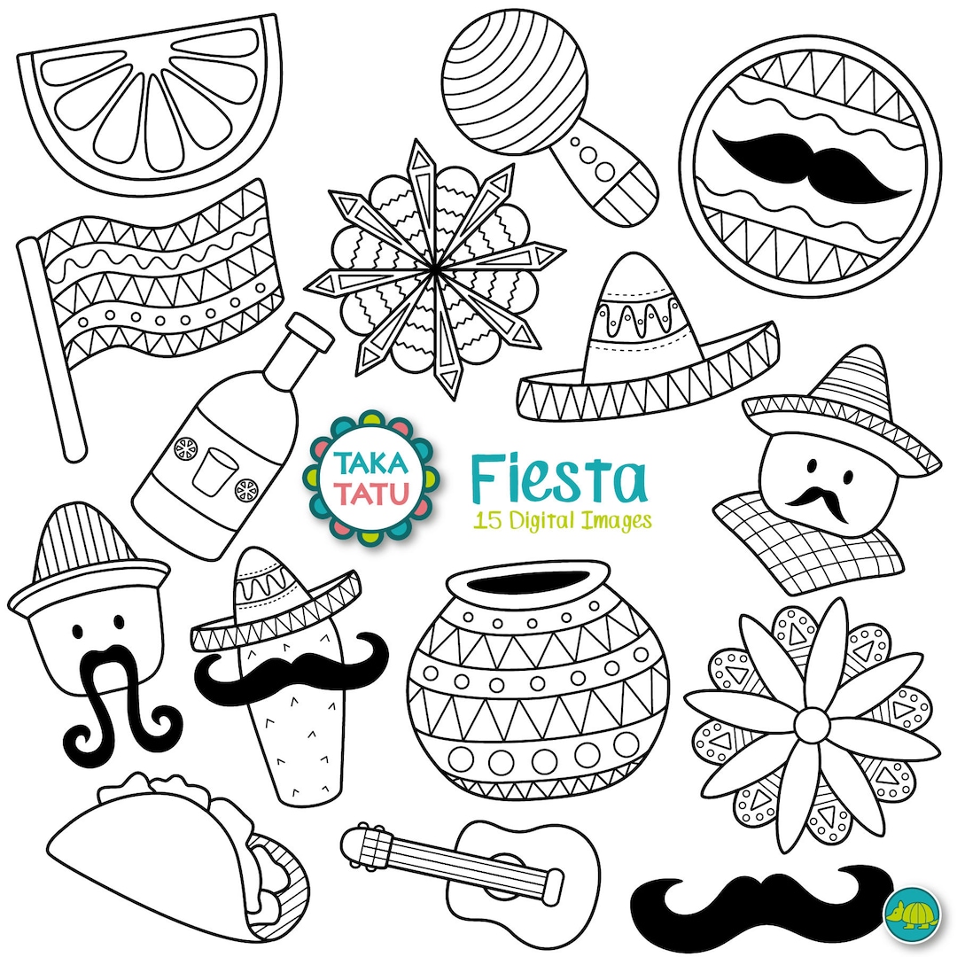 Fiesta Doodles Digital Stamp Pack - Black and White Clipart / Mexican ...