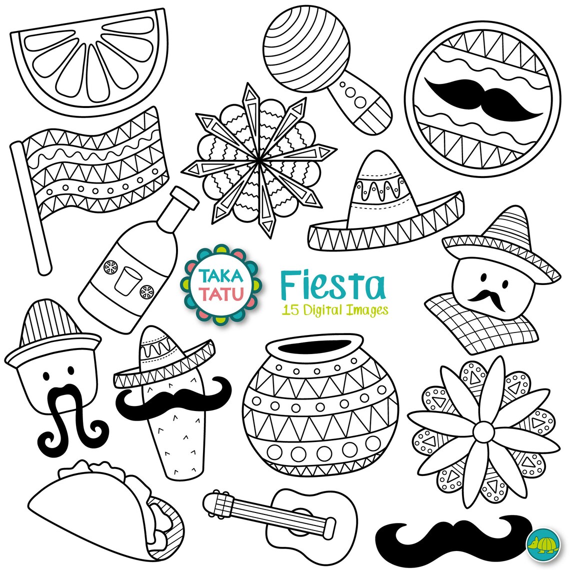 Fiesta Doodles Digital Stamp Pack Black and White Clipart / - Etsy
